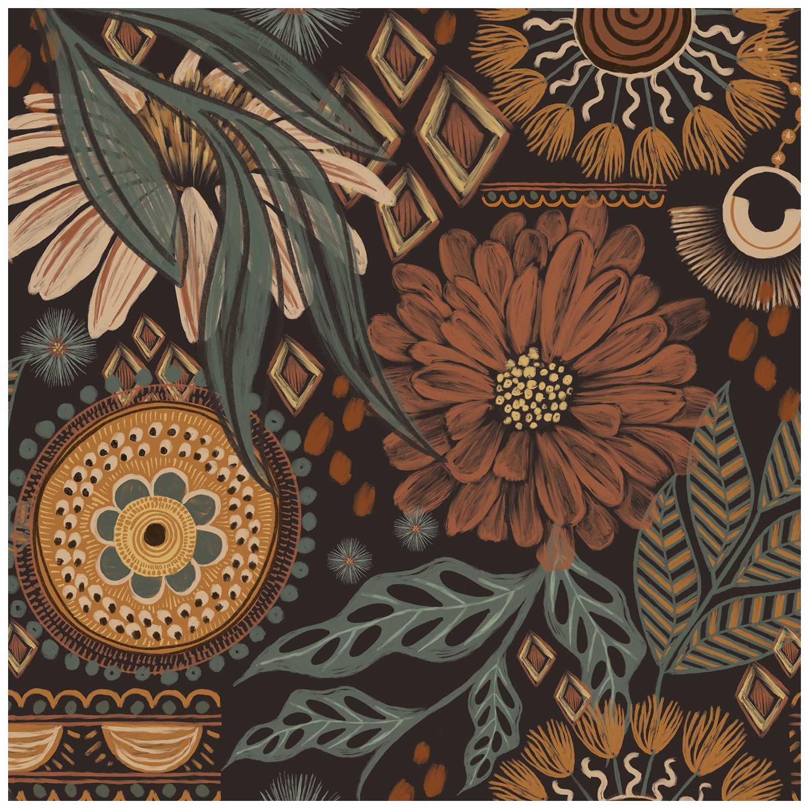 Bohemian Floral Wallpaper with Sunflowers and Geometric Patterns