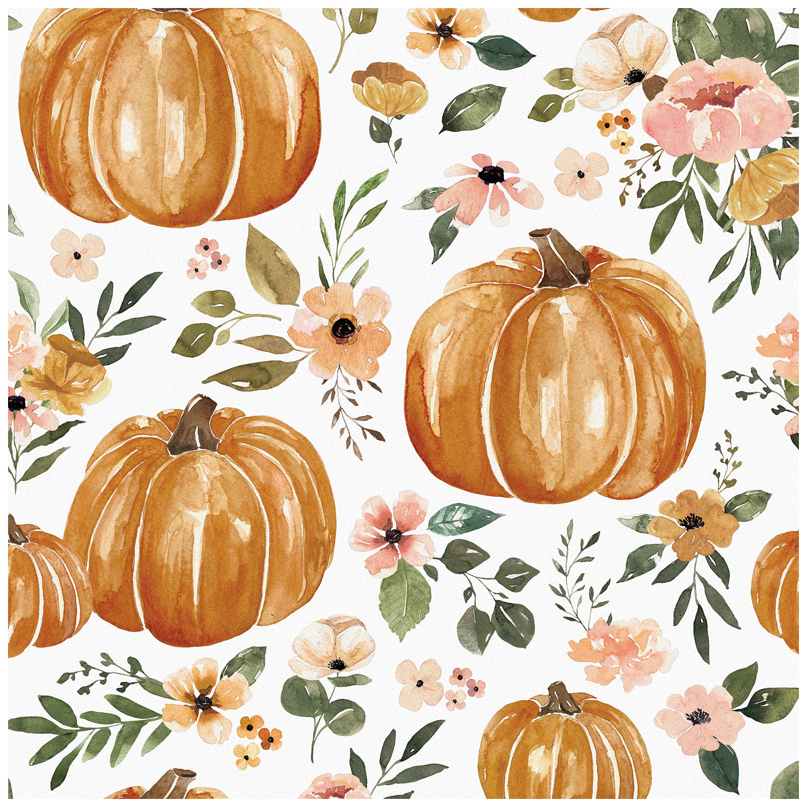 Autumn Pumpkin & Floral Wallpaper-Fresh Watercolor Hand-Painted Style