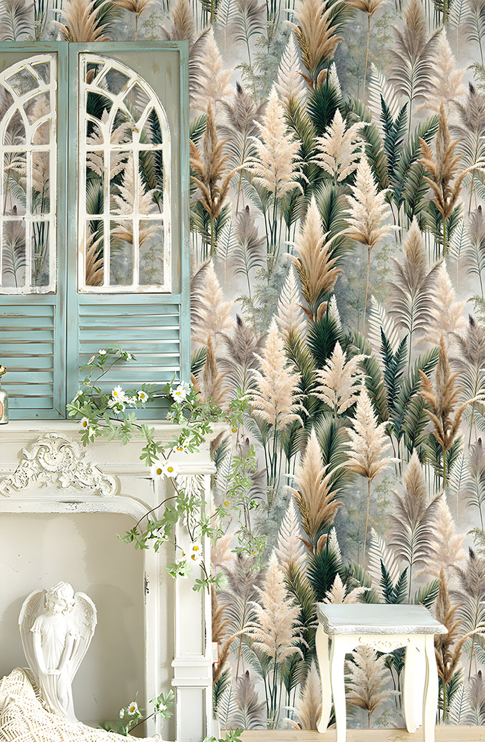 Tropical Plants and Reed Pattern Wall Covering