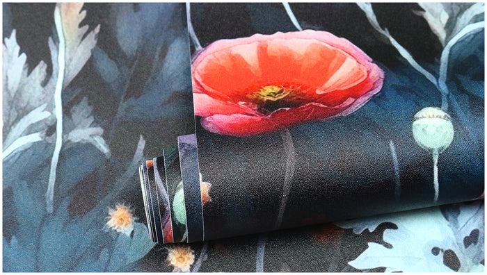 Dark Floral Poppy Wallpaper | Romantic Botanical Design