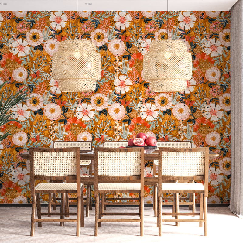 Mustard & Orange Vintage Floral Peel and Stick Wallpaper