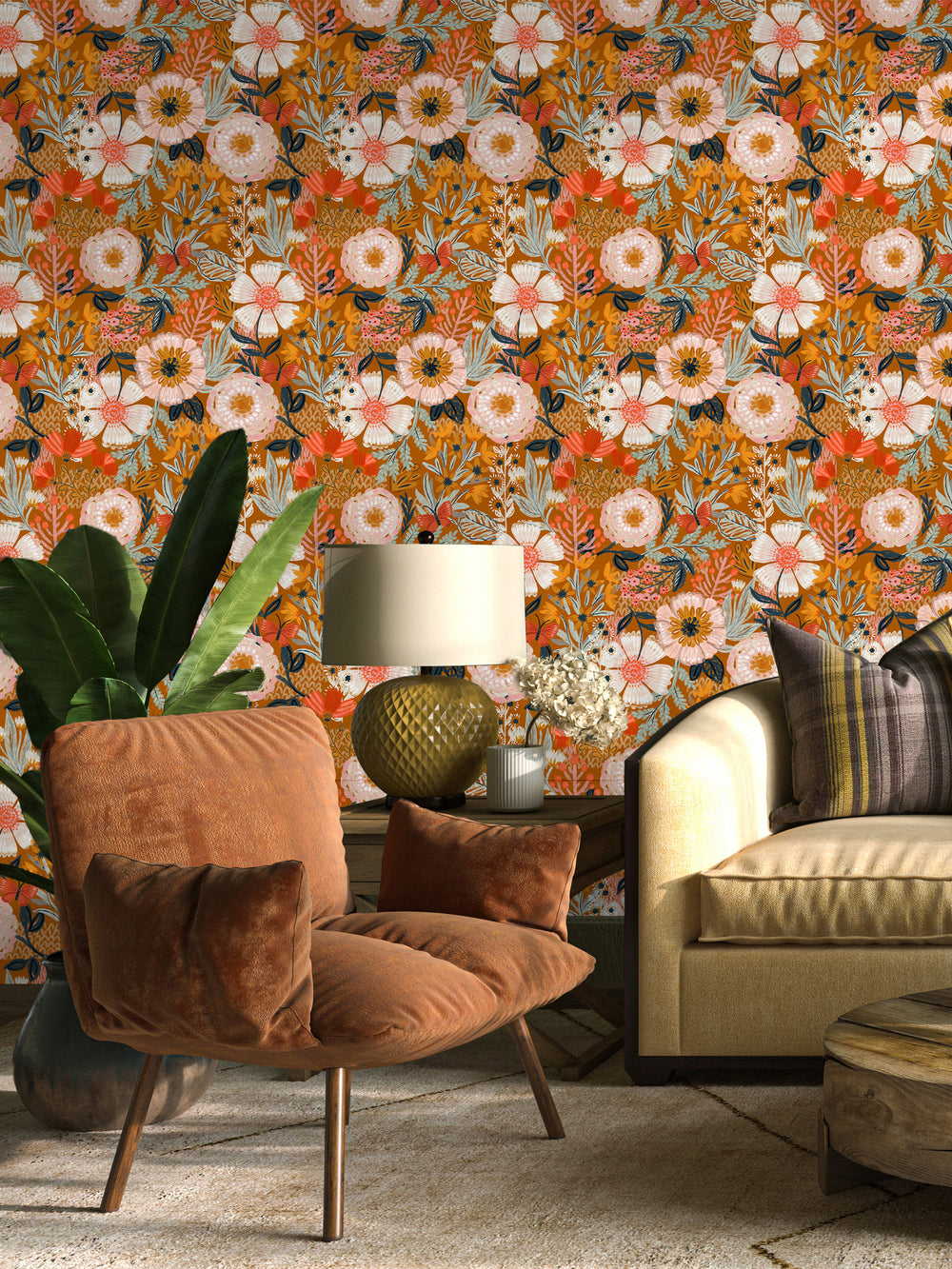 Mustard & Orange Vintage Floral Peel and Stick Wallpaper