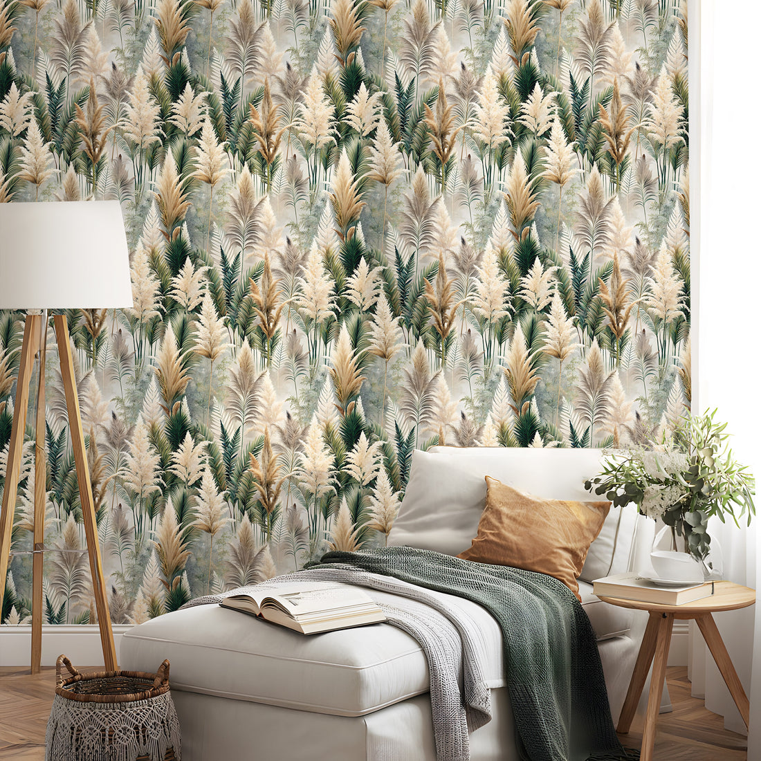 Tropical Plants and Reed Pattern Wall Covering