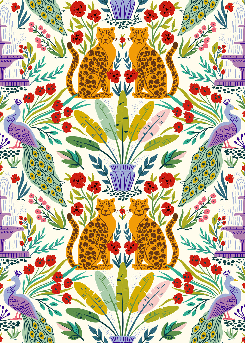 Tropical Garden Bohemian Leopard and Peacock Peel and Stick Wallpaper