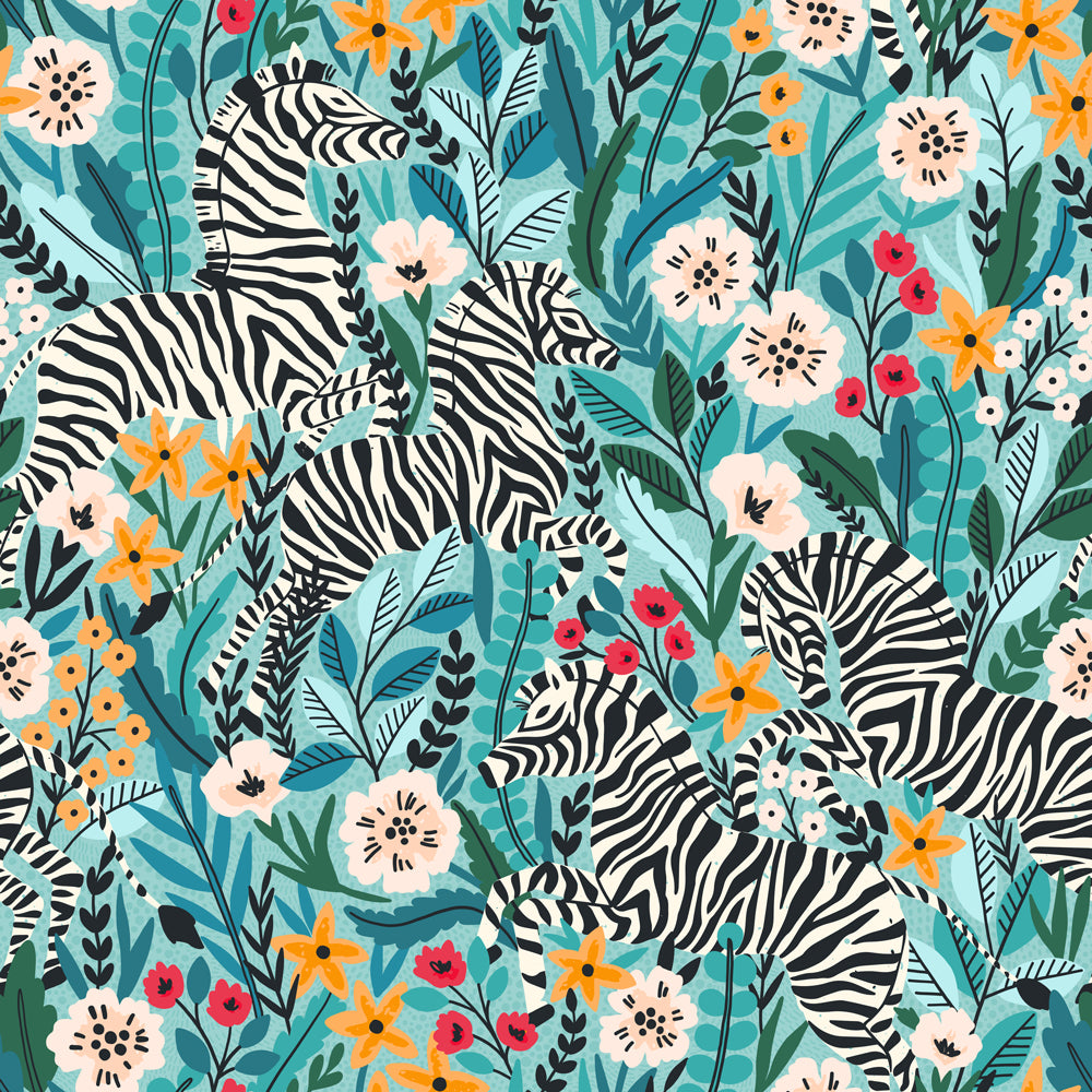 Blue and Green Tropical Zebra and Botanical Peel and Stick Wallpaper