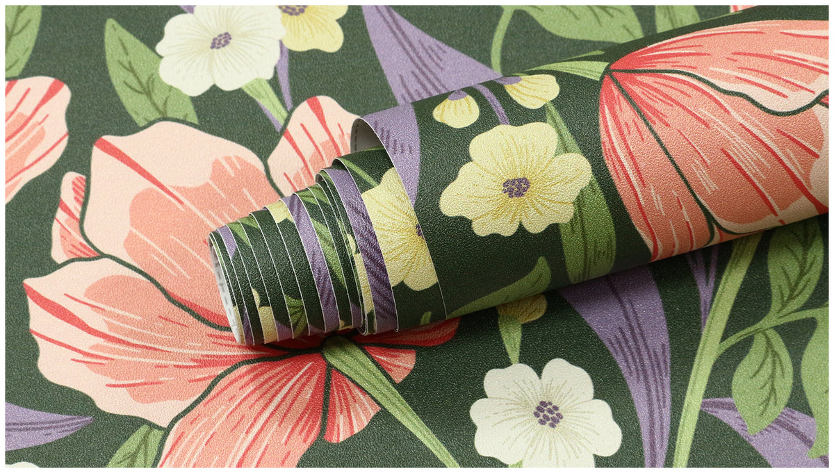 Green & Coral Vintage Botanical Floral Peel and Stick Wallpaper