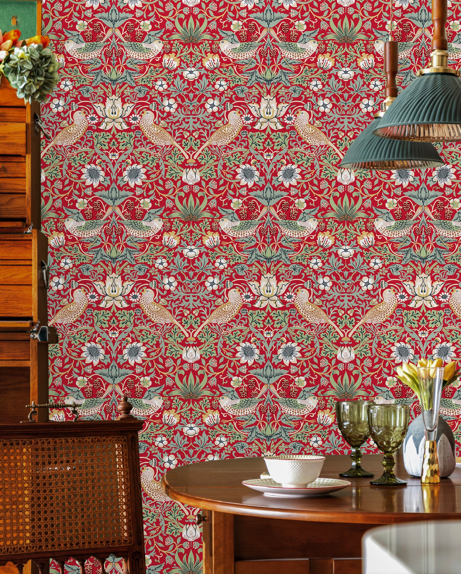 Classic Red Floral & Bird Wallpaper | Vintage Victorian Style