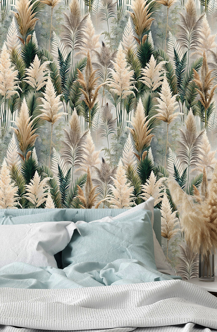 Tropical Plants and Reed Pattern Wall Covering