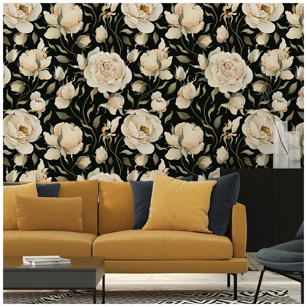 Elegant Peony Floral Wallpaper on Black | Premium Vintage Hand – HaokHome