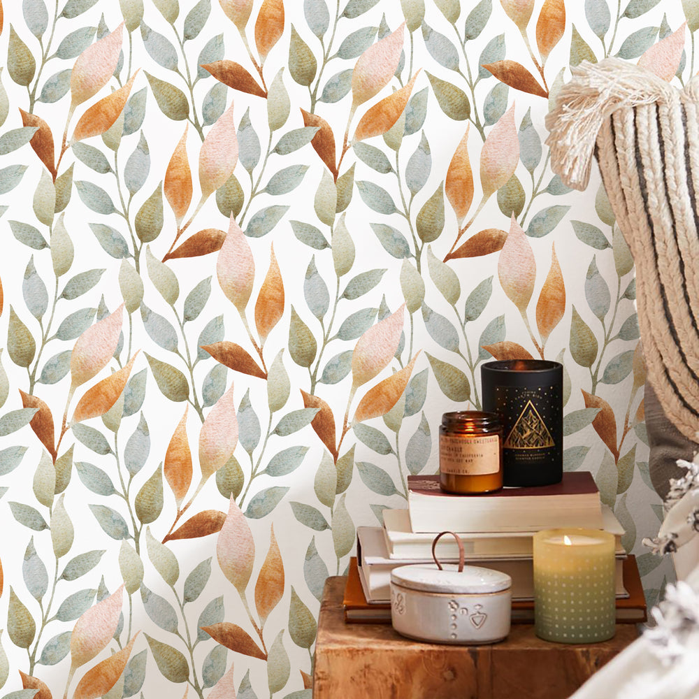 Boho Watercolor Leaf Pattern Wallpaper-Minimalist Nature-Inspired Design