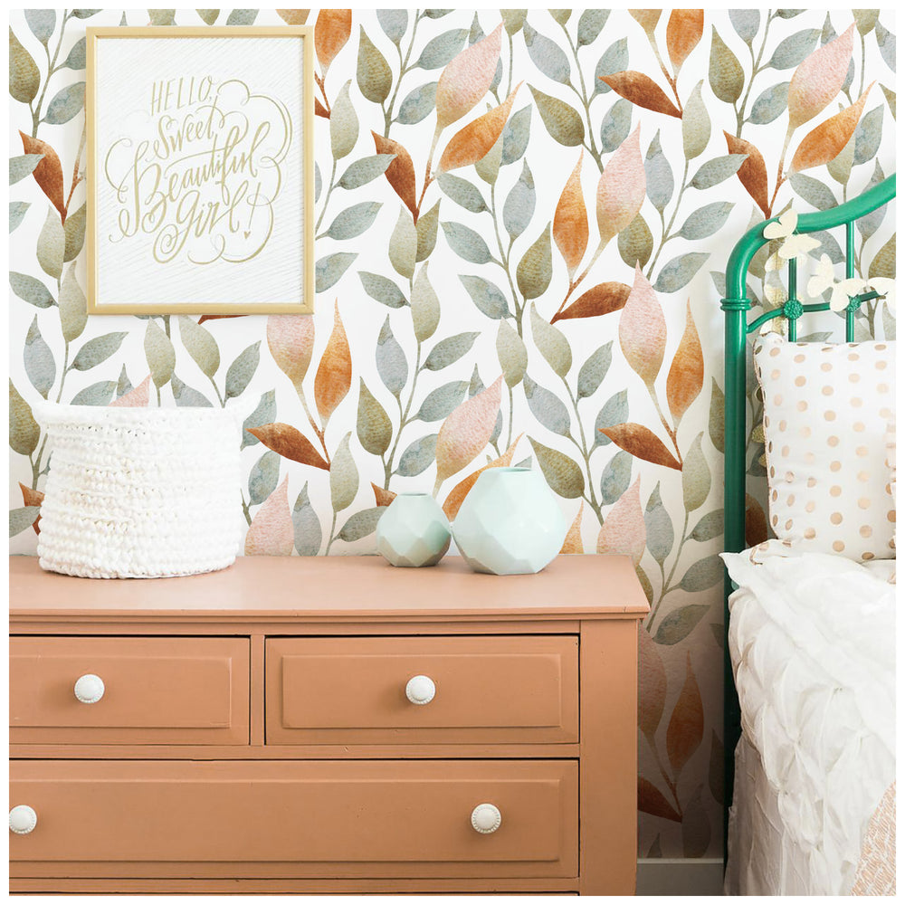 Boho Watercolor Leaf Pattern Wallpaper-Minimalist Nature-Inspired Design