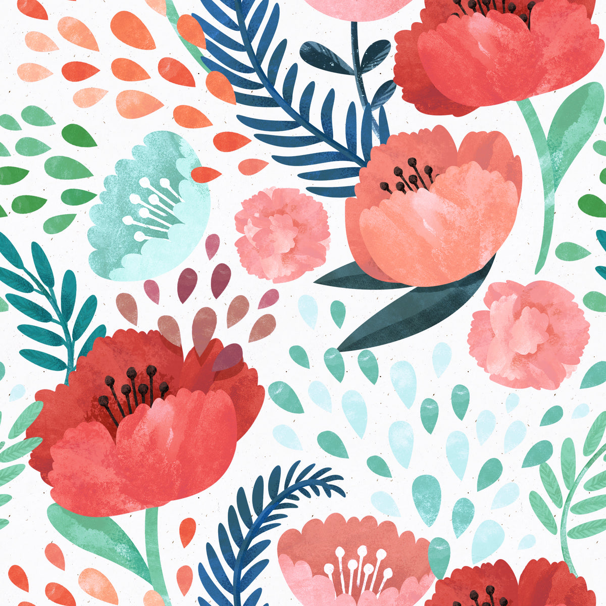 Bright Floral Wallpaper - Red and Blue Abstract Flower Pattern