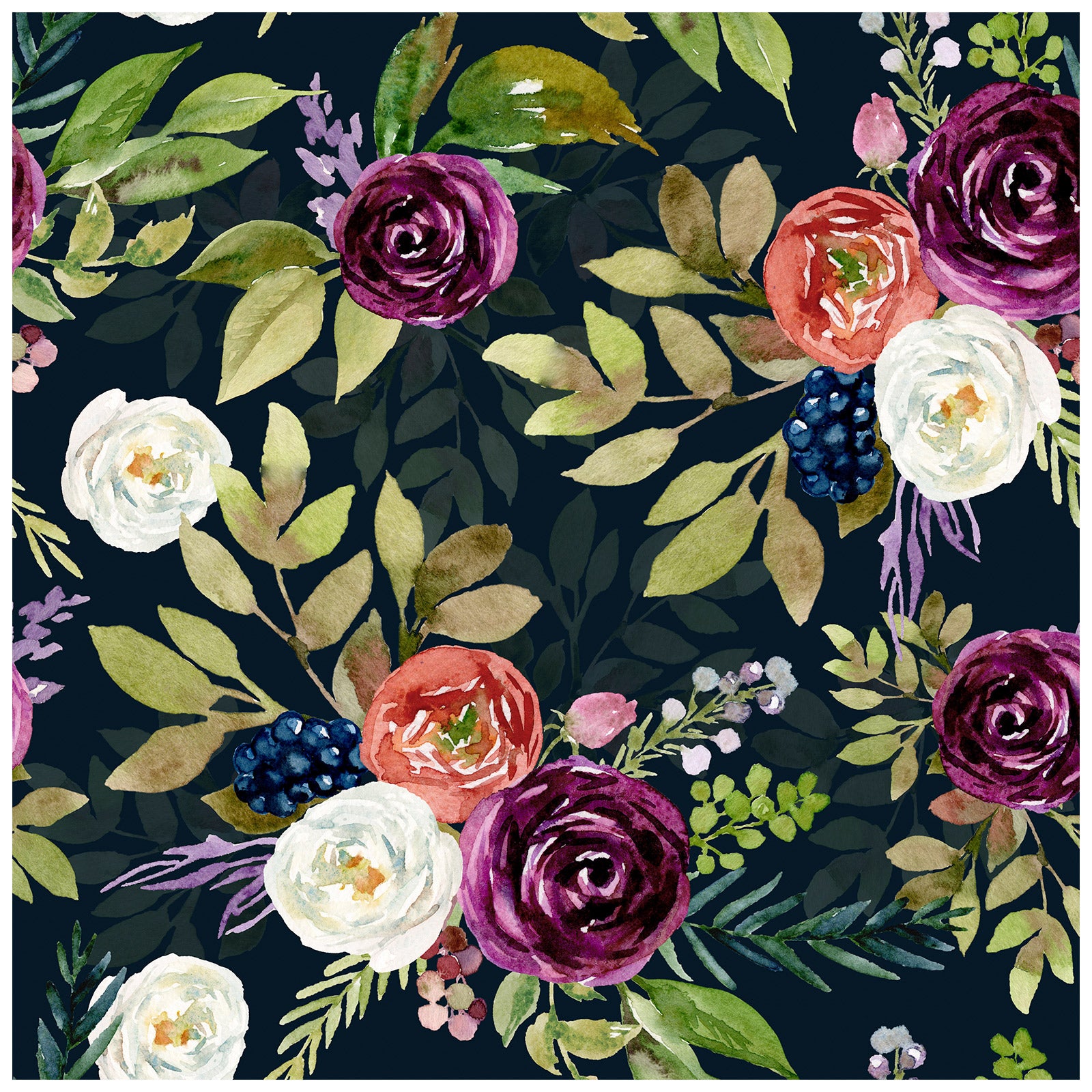 Dark Floral Wallpaper-Burgundy and White Roses with Green Leaves