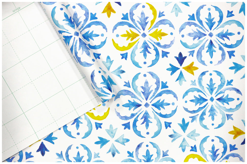 Blue and Yellow Watercolor Geometric Tile Pattern Wallpaper
