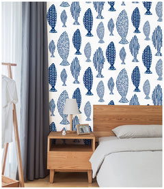 Blue and White Hand-Drawn Fish Pattern Wallpaper | Ocean-Themed