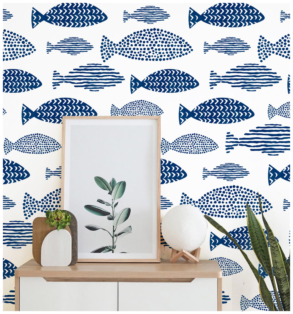 Blue and White Hand-Drawn Fish Pattern Wallpaper | Ocean-Themed
