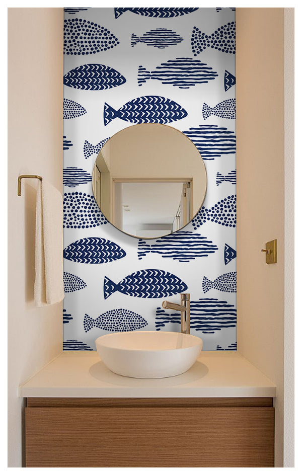 Blue and White Hand-Drawn Fish Pattern Wallpaper | Ocean-Themed