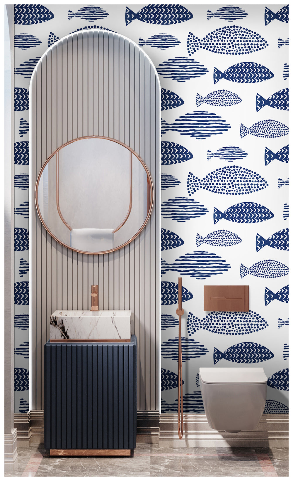 Blue and White Hand-Drawn Fish Pattern Wallpaper | Ocean-Themed