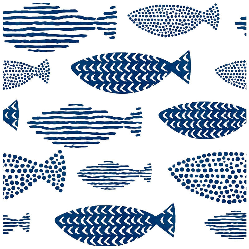 Blue and White Hand-Drawn Fish Pattern Wallpaper | Ocean-Themed